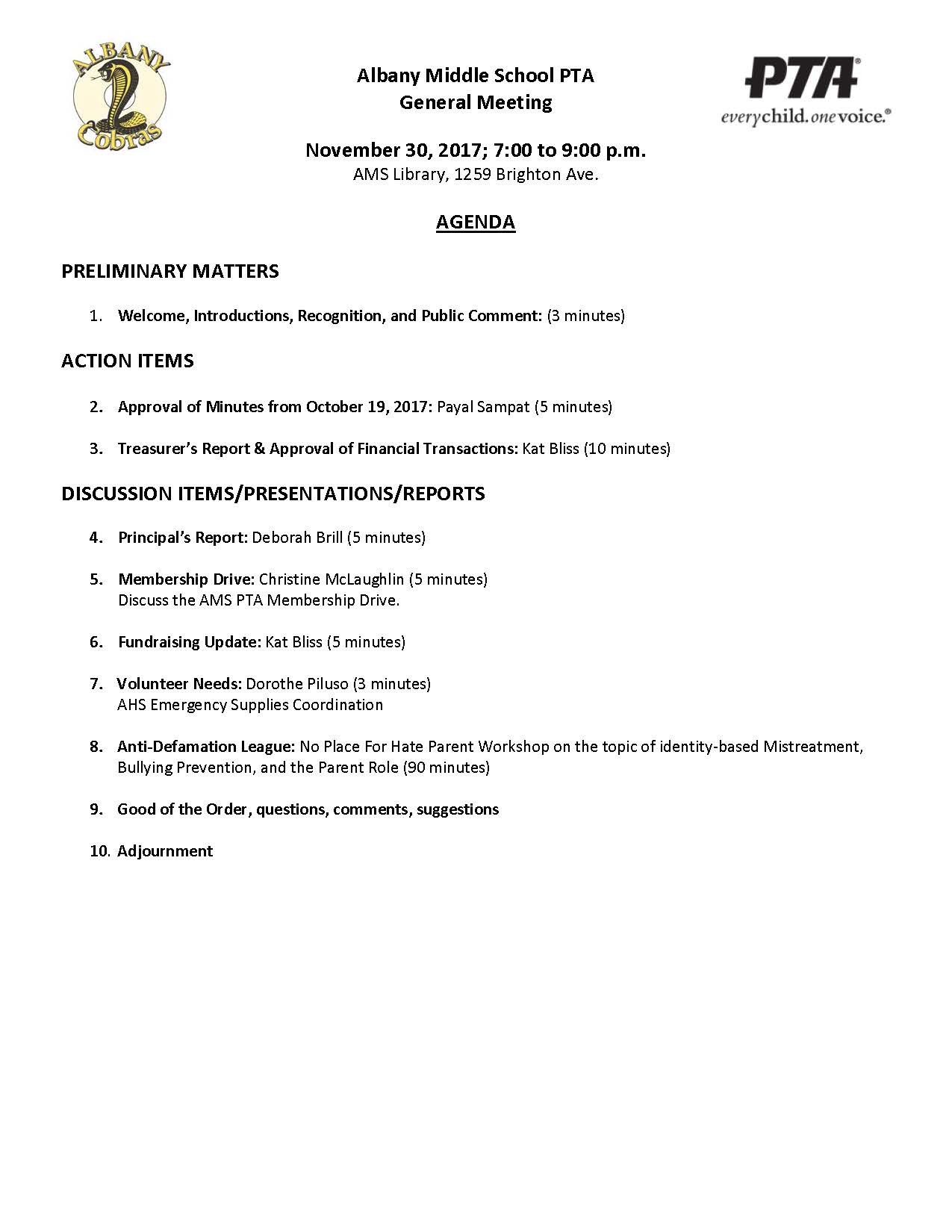 AMS PTA Meeting and Parent Education Workshop – November 30th – Albany ...