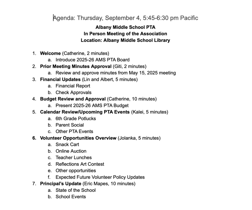 First PTA Meeting of 25/26 School Year, 9/4/25, 5:45 pm – Albany Middle ...